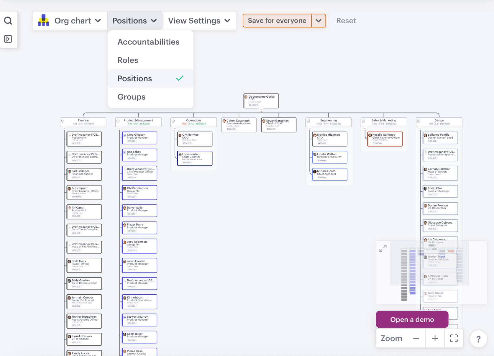 How to use the view options on your organizational chart